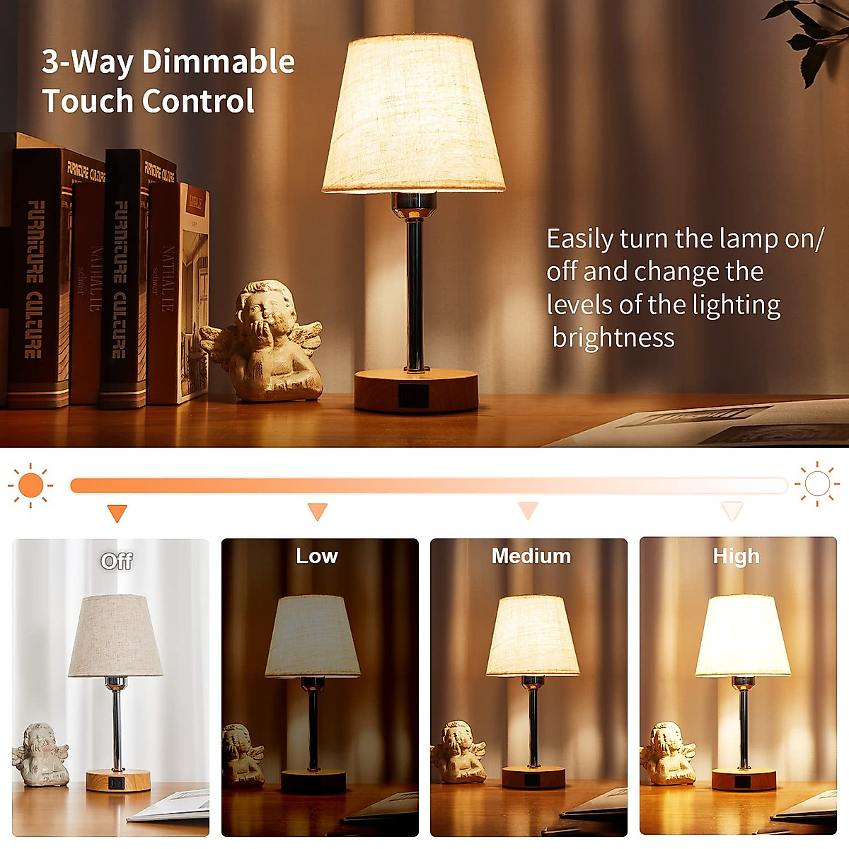 focondot Touch Table Lamps Set of 2-Bulbs Included, Practical Bedside Lamps with USB A+C Ports & 2-Prong AC Outlet, 3-Way Dimmable Nightstand Lamps with Linen Fabric Shade for Home Office Hotel