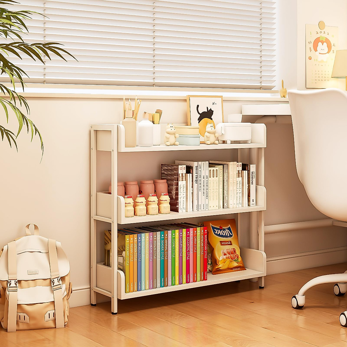 OSCHF Wide Open Shelf Bookcase - Modern 3-Tier Floor Standing Display Bookshelf with Top Edge and Metal Frame for Home and Office, Storage Shelving, Warm White