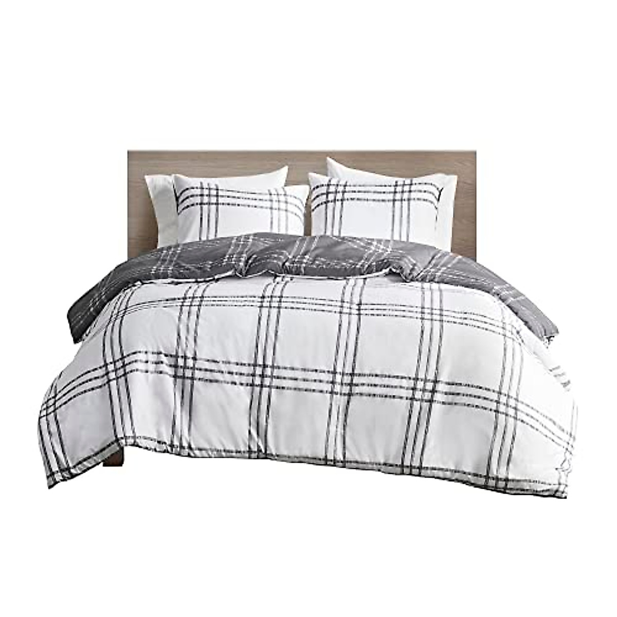 Intelligent Design Pike Reversible Duvet Set, Cottage Plaid Print, Modern Cabin Lifestyle, All Season Bedding Cover for Comforter with Matching Sham, Full/Queen White/Grey 3 Piece