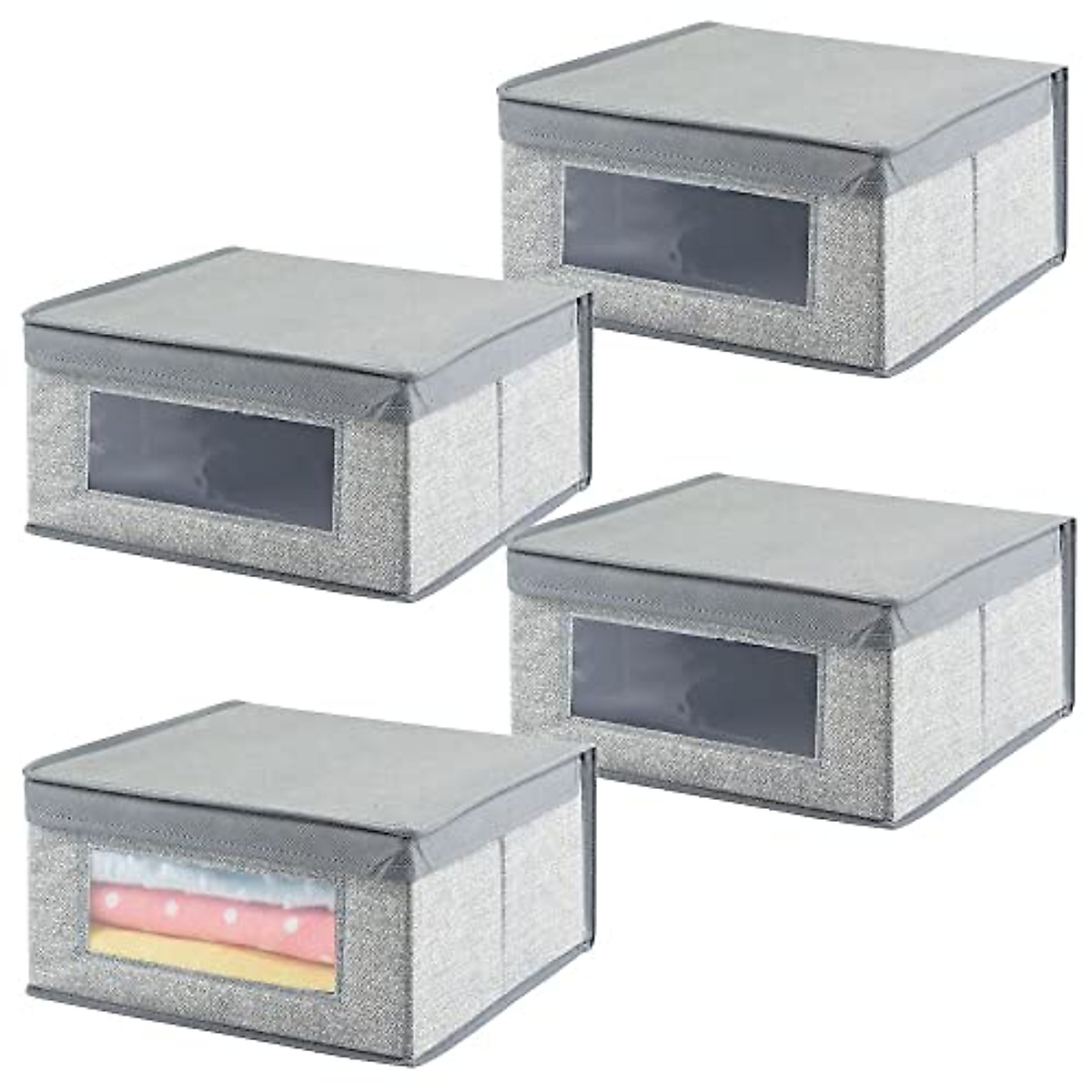 mDesign Medium Soft Stackable Fabric Baby Nursery Storage Organizer Holder Bin Box with Front Window/Lid for Child/Kids Bedroom, Playroom, Classroom, Lido Collection, 4 Pack, Gray