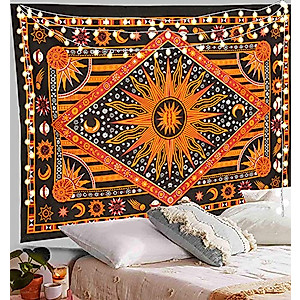 ANJANIYA Burning Sun Tie Dye Tapestry, Celestial Sun Moon Star Planet Bohemian Poster Tapestry Tarot Wall Hanging Boho Hippie Hippy Beach Coverlet Curtain (Orange, 30"X40")
