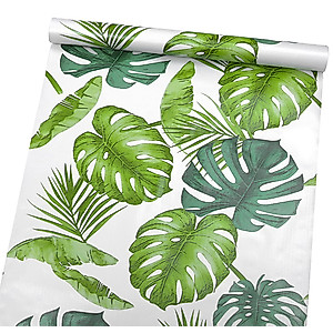 Self Adhesive Green Palm Leaf Shelf Liner Contact Paper Decorative Peel and Stick Tropical Wallpaper Cabinets Dresser Drawer Table Walls Furniture Sticker 17.5X117 Inches