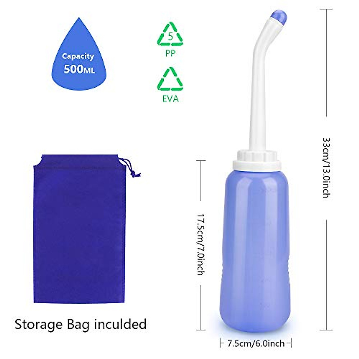 2 Pack Portable Bidet Sprayer Peri Bottle, Number-one Travel Bidet Bottle 500ml 17oz Personal Hygiene Care Toilet Bidet Shower with 2 Nozzles, Dust Cap and Storage Bag for PostPartum Care and Recovery