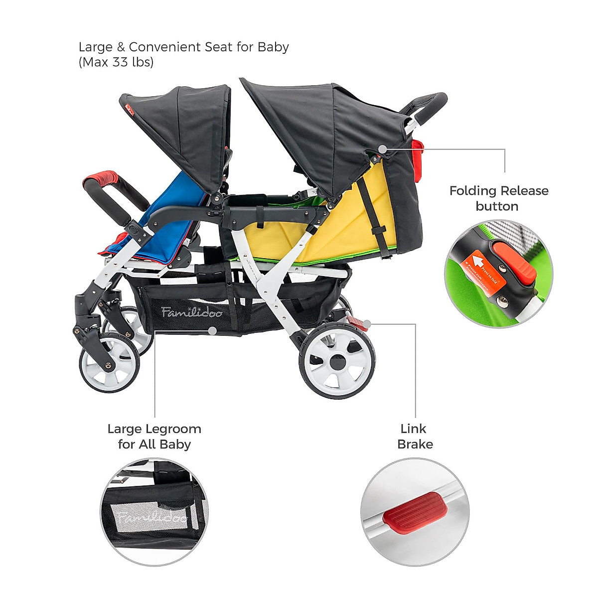 Familidoo H4E Quad Stroller with Double Canopy Rain Cover, 4 Seat Baby Stroller with All Reclining Seats - 4 Seater Stroller with 5-Point Harness - Backseat footrest Extension for 0 to 36 Months