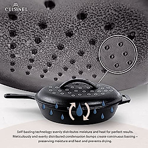 Cuisinel Cast Iron Skillet with Lid - 12"-inch Pre-Seasoned Covered Frying Pan Set + Silicone Handle & Lid Holders + Scraper/Cleaner - Indoor/Outdoor, Oven, Stovetop, Camping Fire, Grill Safe Cookware