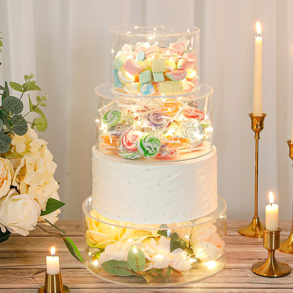 3 Pcs Clear Cake Stand with 3 LED Lights Fillable Acrylic Cake Stand with Lid, Wedding Cake Stand Clear Acrylic Cake Box Floating Cake Stand Cylinder Stands for Party Wedding Birthday Anniversary