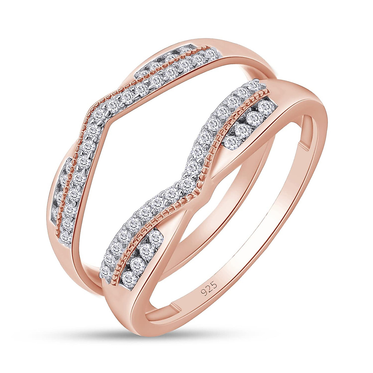 SAVEARTH DIAMONDS 1/3 ct t.w Round Cut Lab Created Moissanite Diamond Wedding Band Enhancer Guard Double Chevron Ring In 14K Rose Gold Over Sterling Silver (D Color,VVS1 Clarity 0.33 Cttw)-7