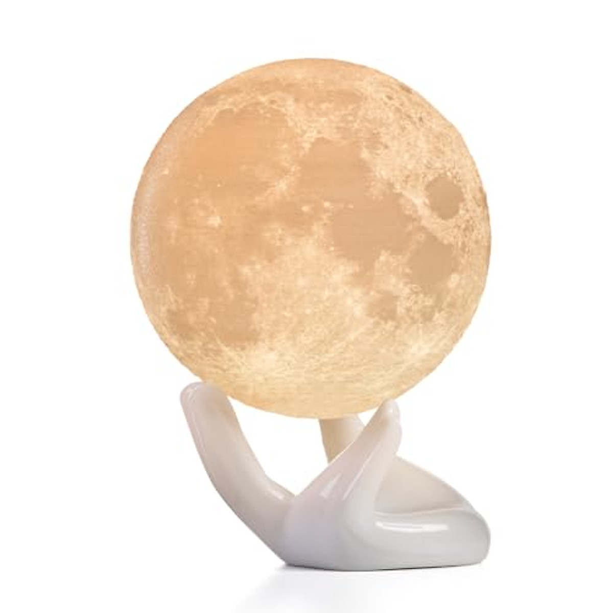 Mind-Glowing Moon Lamp with Ceramic Hand Stand - Warm & Lunar White Colors, Touch Control - Cool Night Light for Living Room, Bedroom - Unique Gift for Women (3.5 inch)