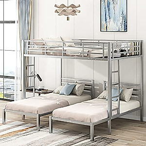 DEYOBED Full Over Twin & Twin Metal L-Shaped Triple Bed Bunk Bed with Built-in Shelf and 2 Ladders - Space-Saving and Organized Sleep Space for Kids, Teens, Adults