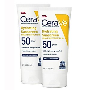 CeraVe 100% Mineral Sunscreen Spf 50 | Body Sunscreen With Zinc oxide & Titanium Dioxide for Sensitive Skin | 5 Oz, 2 Pack