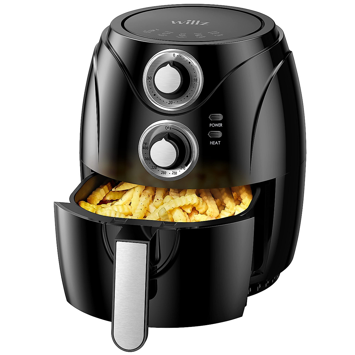 Willz Small Compact Electric Air Fryer Oil Free Quick Cook with Time & Temperature Control & Auto Shut Off Feature, Non-Stick Air Fry Basket, 2.6 Quart, 1200W, Black