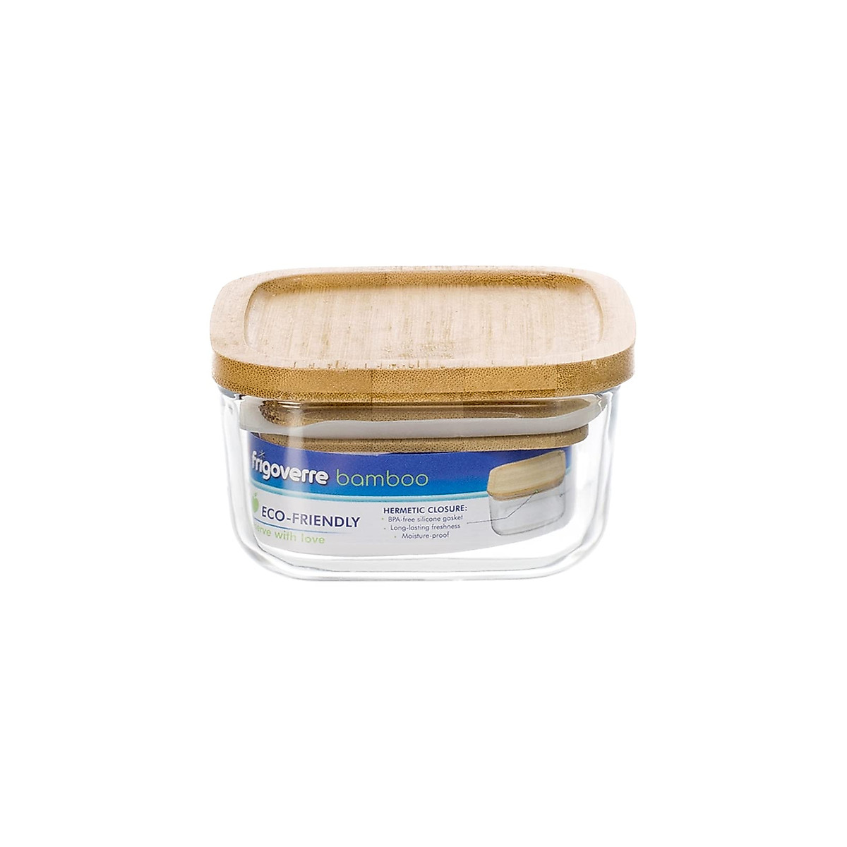 Bormioli Rocco Frigoverre Glass Food Storage Container with Bamboo Lid, 11.75 oz. 4" Square, Set of 12, Clear