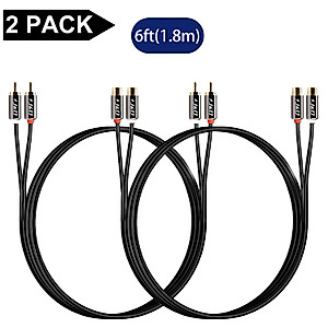 J&D 2 RCA to 2 RCA Cable, 2-Pack Gold Plated Copper Shell Heavy Duty 2RCA Male to 2RCA Female Stereo Audio Extension Cable, RCA Cable, 6 Feet