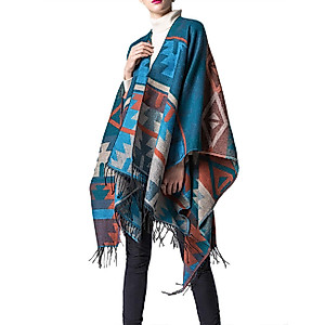 xxxiticat Women's Native American Trendy Cashmere Plaid Pattern Wrap Shawl Cardigan Poncho Cape Scarf(BE) Blue