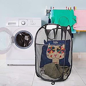 Pop-up Laundry Hamper, Folding Mesh Laundry Basket with Durable Handles, Collapsible Clothes Hampers for Kids Room, College Dorm, Travel