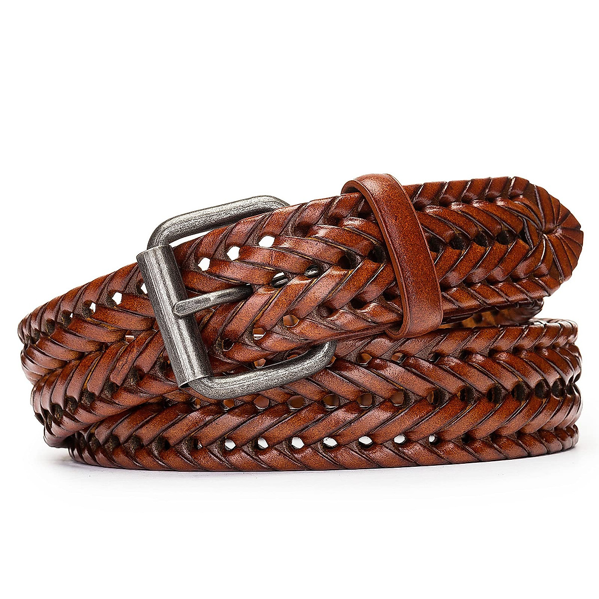 Tanpie Fashion Men's Braided Belt Leather Strap for Jeans Brown Large