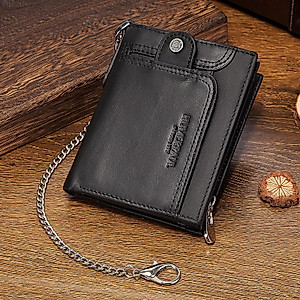 HUMERPAUL Chain Wallet for Men, Genuine Leather Bifold Wallets Rfid Blocking Men Purse with Zipper Coin Pocket (Black)