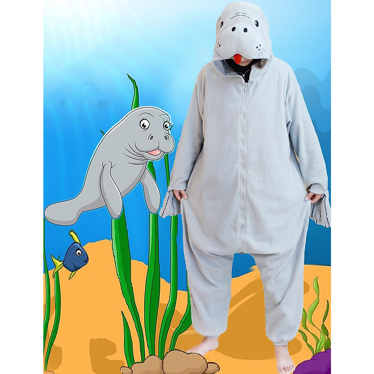 LZBXBXDA Unisex Adult Manatee Onesie One Piece Pajamas Animal Plush Halloween Christmas Costume Homewear Sleepwear for Women men