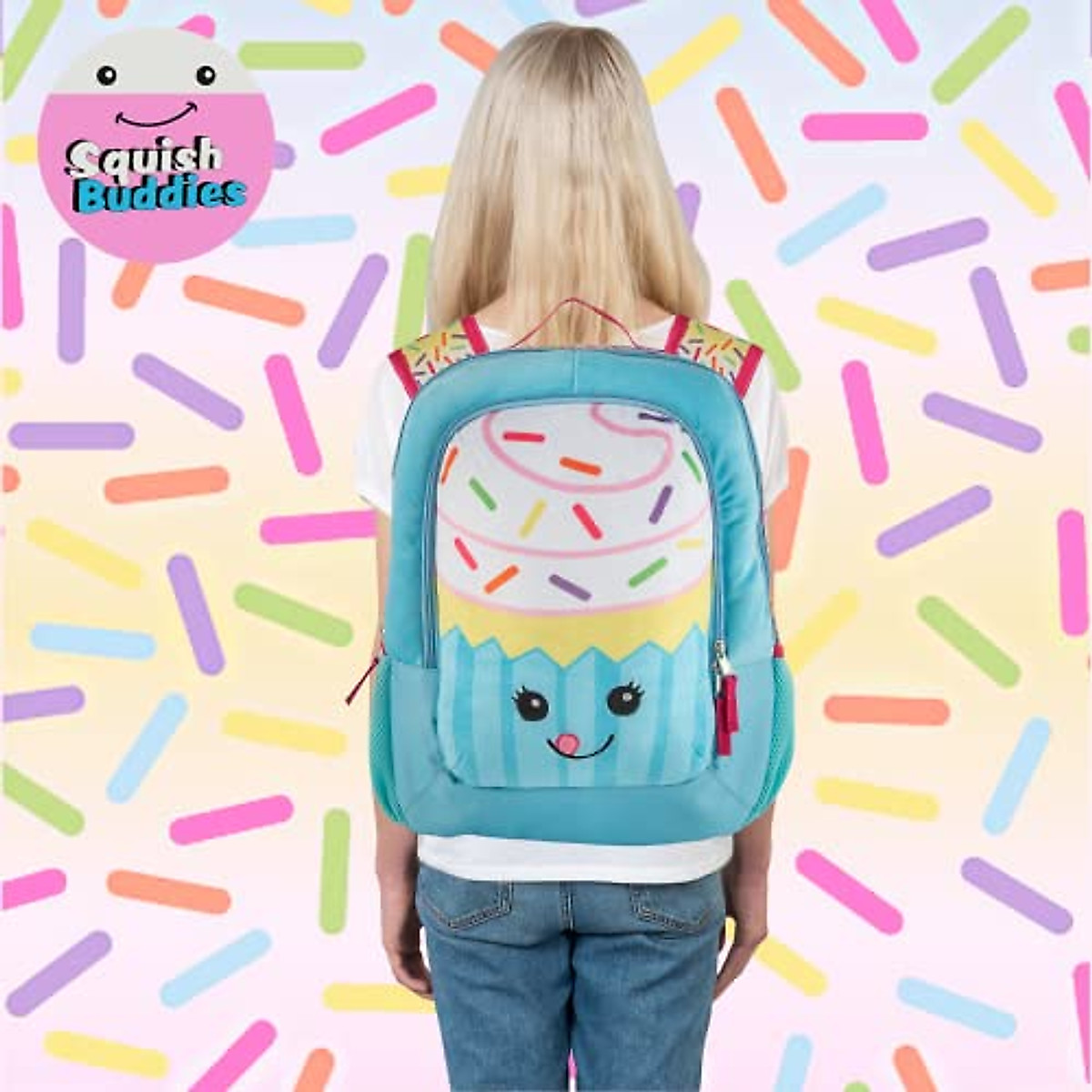 CLUB LIBBY LU Cupcake Backpack for Girls with Soft Plush Front Pocket, 16 inch Squish Buddies