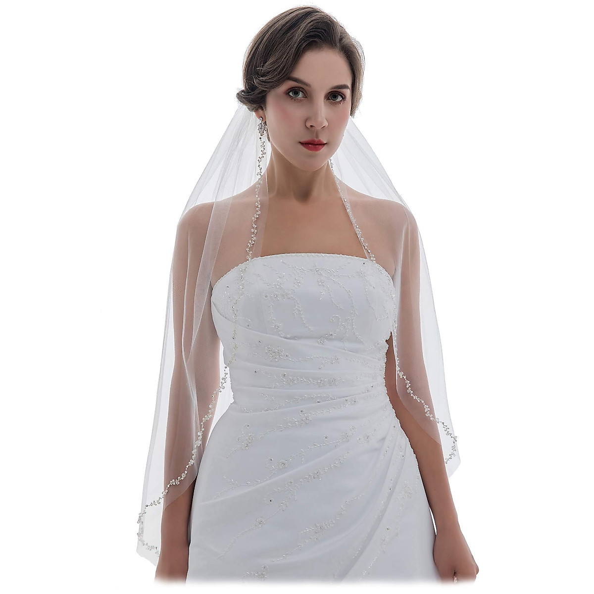 SAMKY 1T 1 Tier Offset Flower Vine Edge Crystal Pearl Veil - Light Ivory Fingertip Length 36" V503