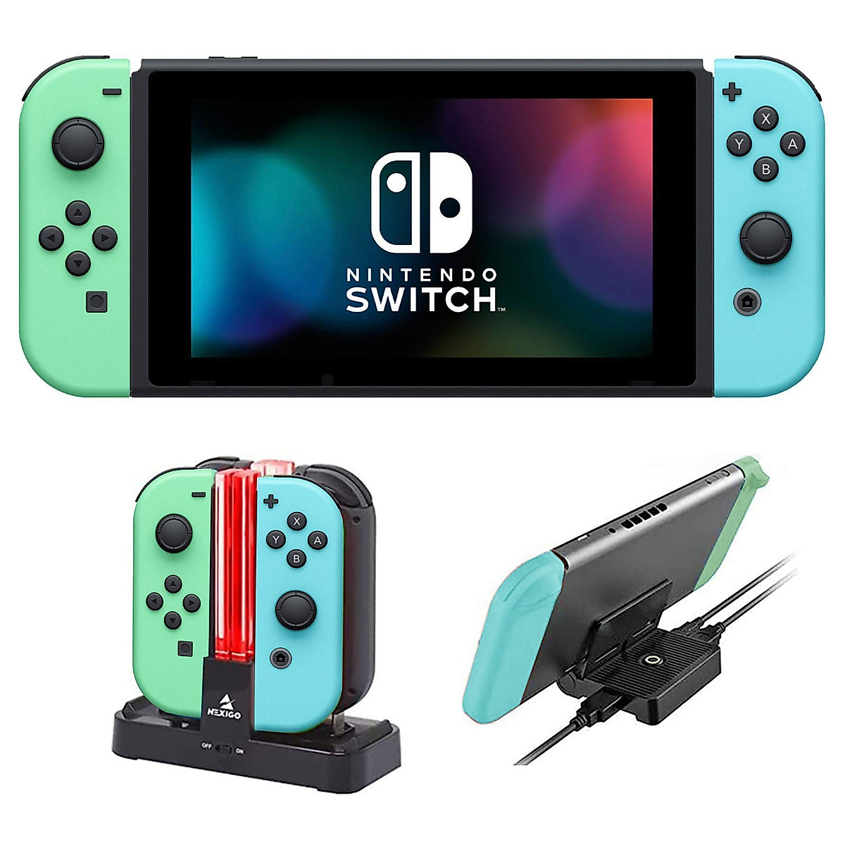 Nintendo 2020 Switch Family Christmas Holiday Bundle - Animal Crossing: New Horizons Edition + NexiGo_Joy-Con and Pro Controllers Charging Dock + Console Charging Station Bundle