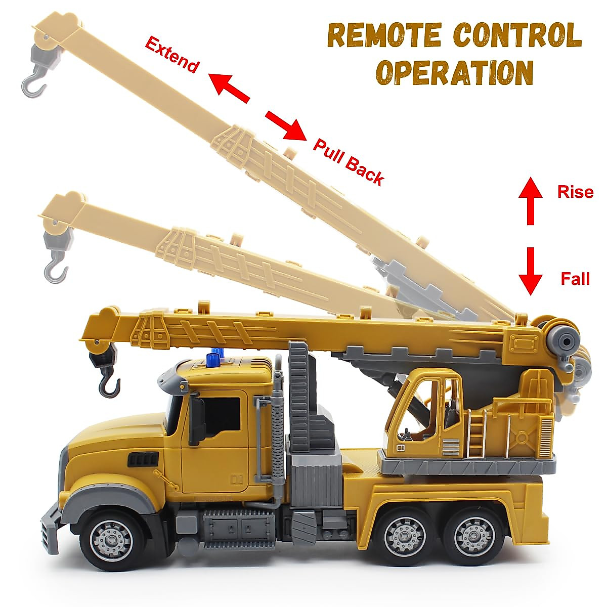 QuirkyGlee Remote Control Crane Truck Toy, RC Crane Truck 7 Channel 1:24 Construction Vehicles Toys，with One-Touch Lift Sounds & Lights, Two Rechargeable Batteries, Kids Cranes Toy for Boy Gift