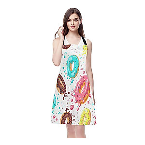 EKOBLA Donuts Aprons Pink Chocolate Lemon Donuts Dessert Colored Splashes Sprinkels Waterproof Resistant Chef Cooking Kitchen BBQ Adjustable Aprons for Women Men 27x31 Inch