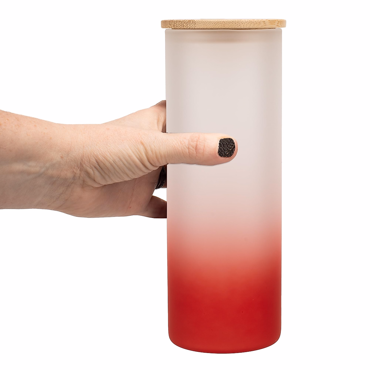 Elanze Designs 25 oz Blank Gradient Frosted Glass Travel Tumbler With Straw & Bamboo Lid For Iced or Hot Beverage, Crimson Red Ombre