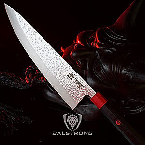 Dalstrong Chef Knife - 9.5 inch - Ronin Series - Double Bevel Blade Razor Sharp - Japanese AUS-10V Super Steel - Damascus Chef's Knife - G10 Handle Kitchen Knife - Black Acacia Wood Sheath