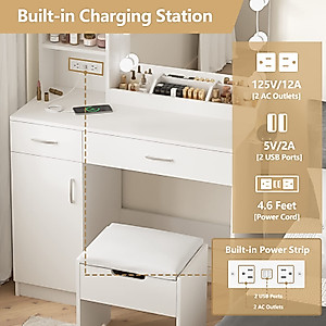 Fameill Makeup Vanity Desk with Lighted Mirror & Power Strip,White Vanity Table Set with Lights and Lots Storage,2 Drawer Makeup Table,3 Lighting Colors,35.4in(L)