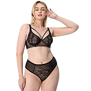 ANGABRIEL Women's Plus Size Underwire Bra Non-Padded Sheer 3/4 Cup Bra Strappy Lace Bra for Big Busted Women (k, 40, Big, Black)