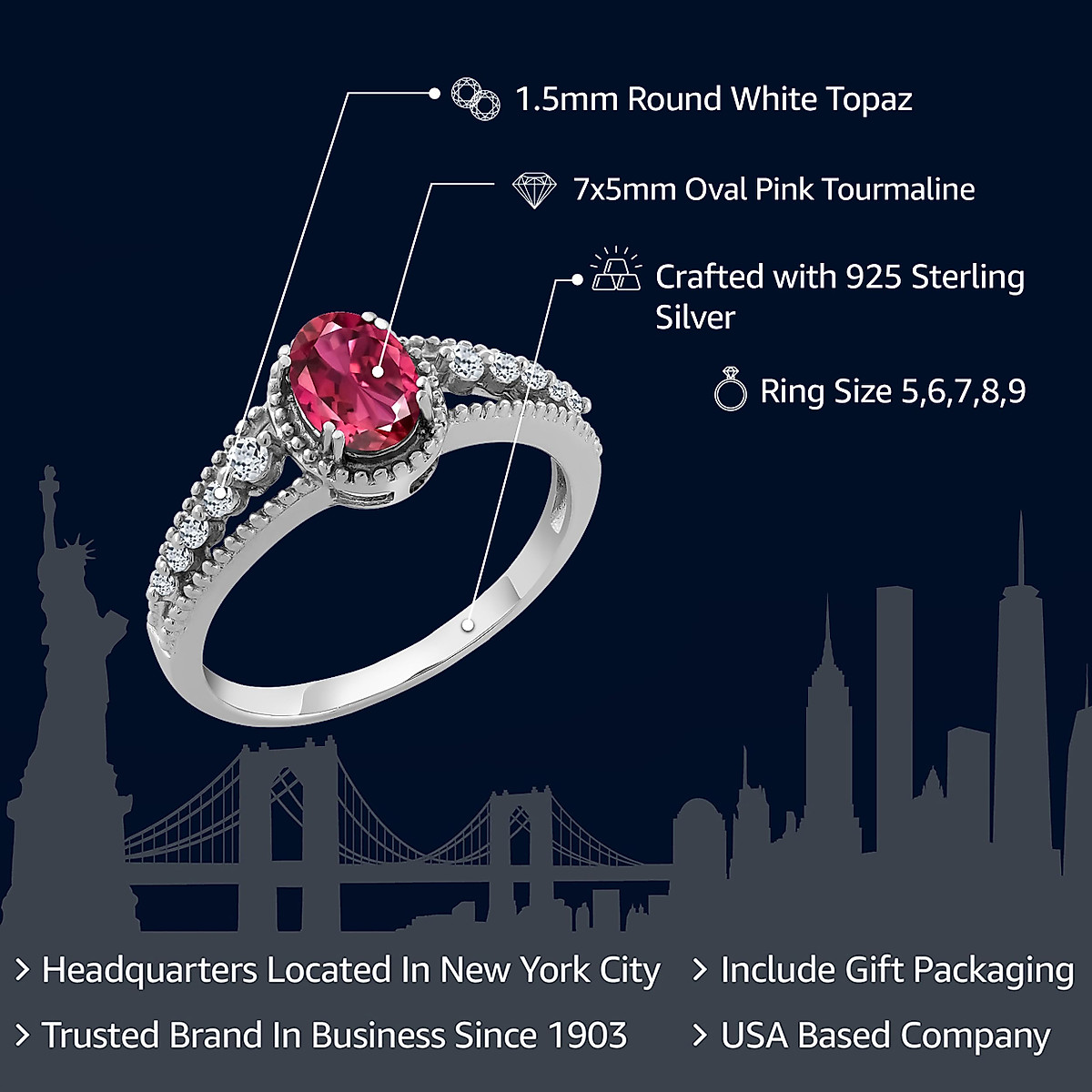 Gem Stone King 925 Sterling Silver Pink Tourmaline and White Topaz Engagement Ring For Women (0.91 Cttw, Oval 7X5MM, Gemstone Birthstone, Available In Size 5, 6, 7, 8, 9)