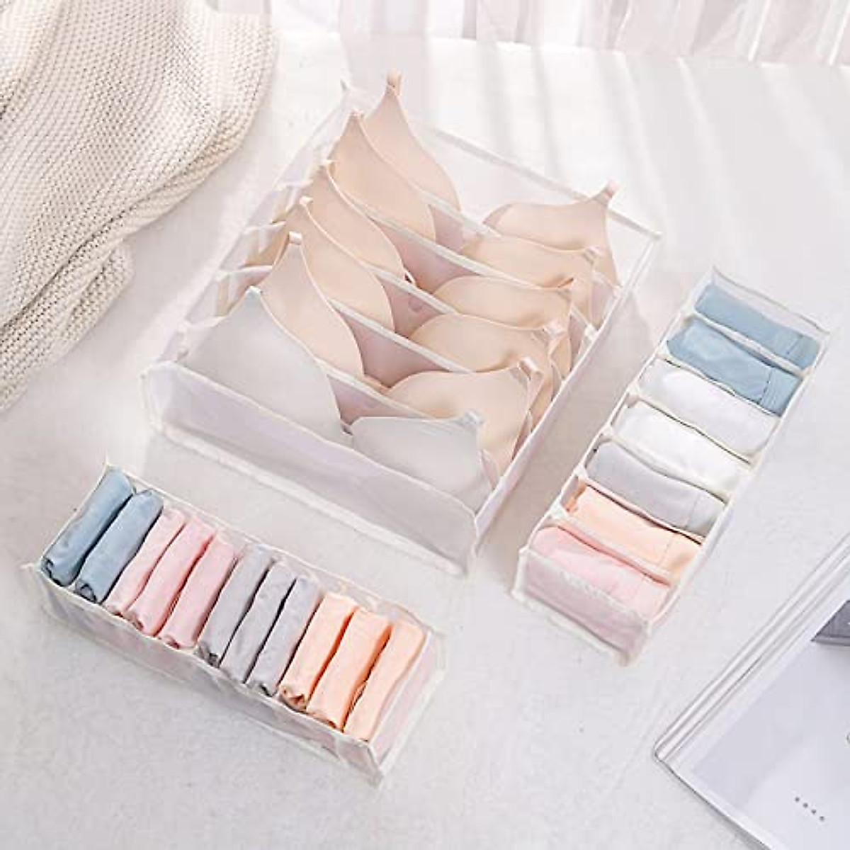 DONSU Underwear Storage Box Compartment,Drawer Organizer Dividers for Clothing,Foldable Underwear Storage Box with 6/7/11 Compartments for Bedroom Baby Clothes, Bra, Scarves, Belt, Tie