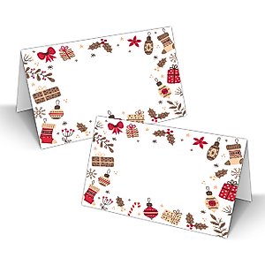 Christmas Table Place Cards, Xmas Blank Seating Place Card for Table, 25 Pack Buffet Food Tent Labels, Double Design Name Cards, Scored for Easy Folding, Christmas Party Decorations(05)