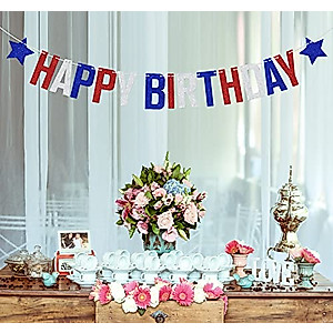4th of July Happy Birthday Banner, Independence Day Birthday Party Decorations, Patriotic Independence Day Themed Birthday Decorations Blue Red White Glitter