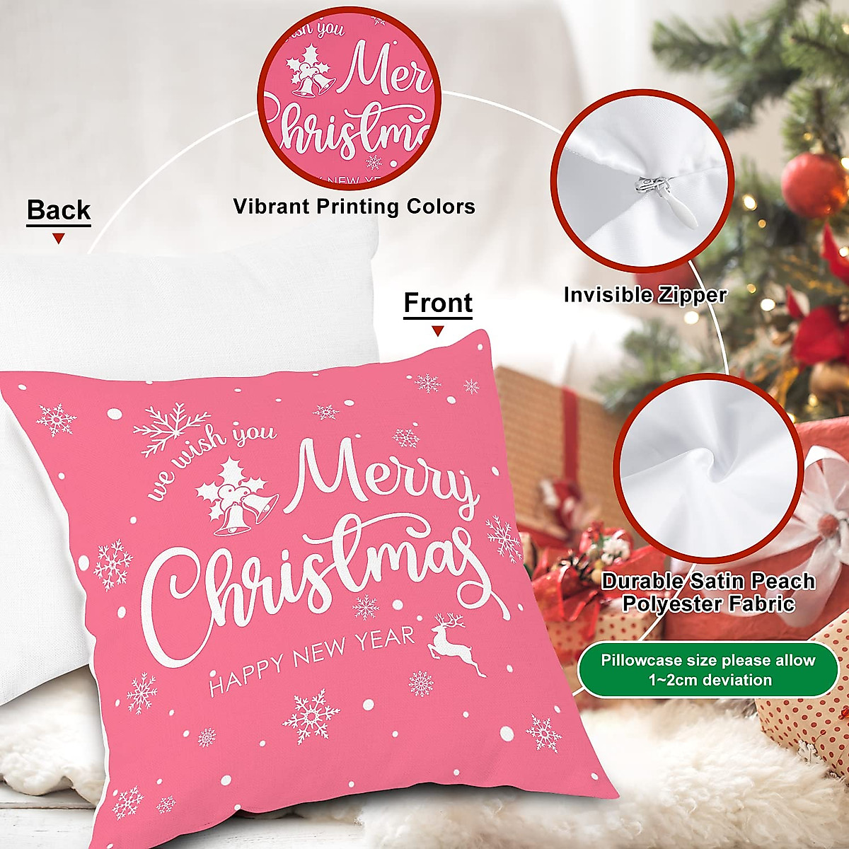 Lanpn White and Pink Christmas Throw Pillow Covers 14x14 Set of 4, 14 inch Decorative Xmas Cushion Covers Pillow Cases 14 x 14 for Home Bedroom Room Holiday Couch Decor Decorations