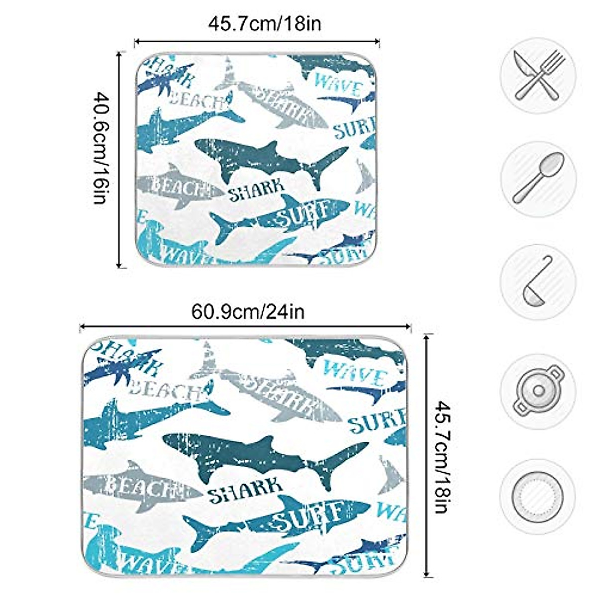 Animal Shark Ocean Dish Drying Mat 16"x18" Absorbent Machine Washable Hanging Fast Dry Pad Dish Protective Mat for Kitchen Countertop Heat Resistant Dinner Table Mat