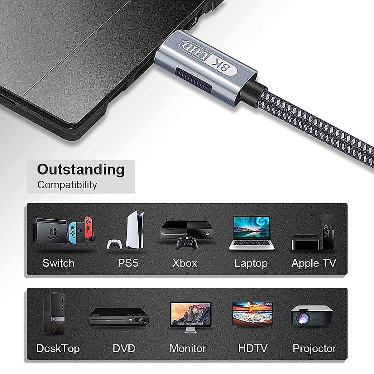 8K HDMI Cable 6 ft, HDMI 2.1 48Gbps High Speed Nylon Braided HDMI Cord with eARC HDR10 4:4:4 HDCP 2.2&2.3, 4K HDMI Cable Compatible with Dolby Atmos Apple Fire LG Samsung TV PS5 PS4 Switch Xbox Roku