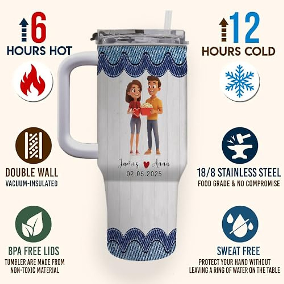 Custom 40oz Tumbler with Handle – wedding day jitters-Personalized Couple Gift for Anniversary Wedding Gift, Birthday, Mother's Day, Valentine’s Day vmHp1Z
