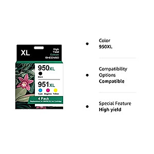 950XL 951XL High Yield Ink Replacement for HP 950 951 950XL 951XL Ink Cartridges for hp printer Officejet PRO 8600 8610 8615 8616 8620 8625 8630 8100 8110 (1 Black, 1 Cyan, 1 Magenta, 1 Yellow,4 Pack)