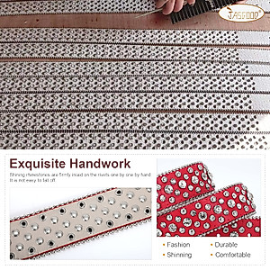 JASGOOD Rhinestone Belt for Women and Men, Western Cowgirl Cowboy Bling Studded Leather Belt Rhinestone Belt for Jeans Pants Dress, C-Red, Suit Pants Size 28”-33”