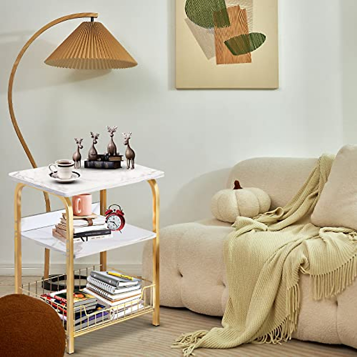 Garden 4 you End Table Side Table 3 Tiers White Marble Nightstand Industrial Retro Storage Shelf for Living Room Bedroom Kitchen Family and Office,Stable Wood and Metal Frame