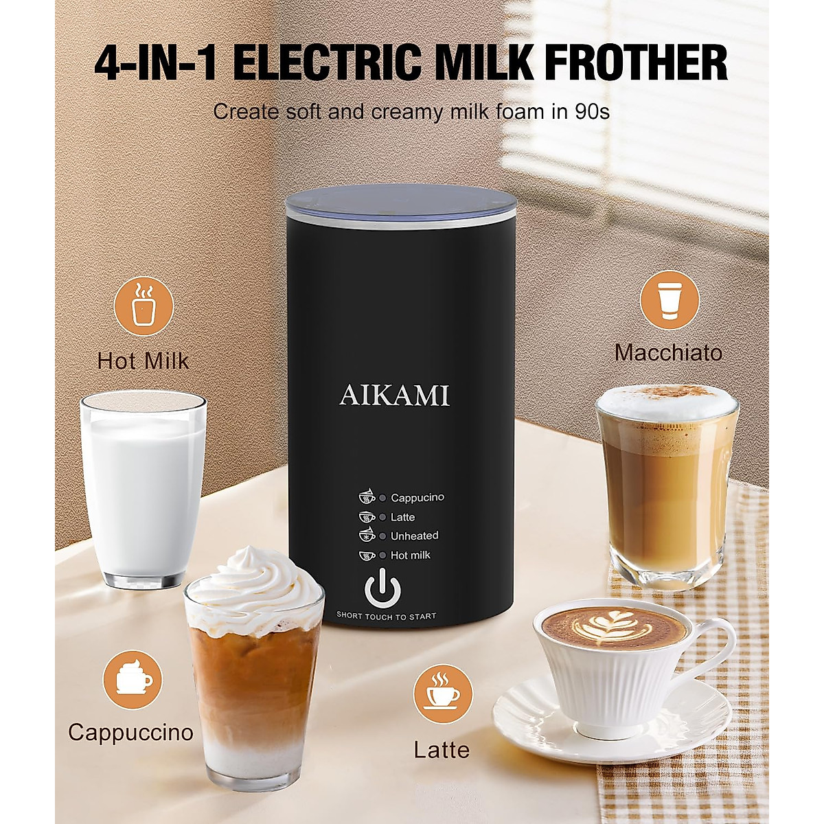 AIKAMI Single Serve Coffee Maker for K Cup & Ground Coffee with Milk Frother, 6 to 14 Oz Brew Sizes, Auto-Off Coffee Machine with Water Reservoir