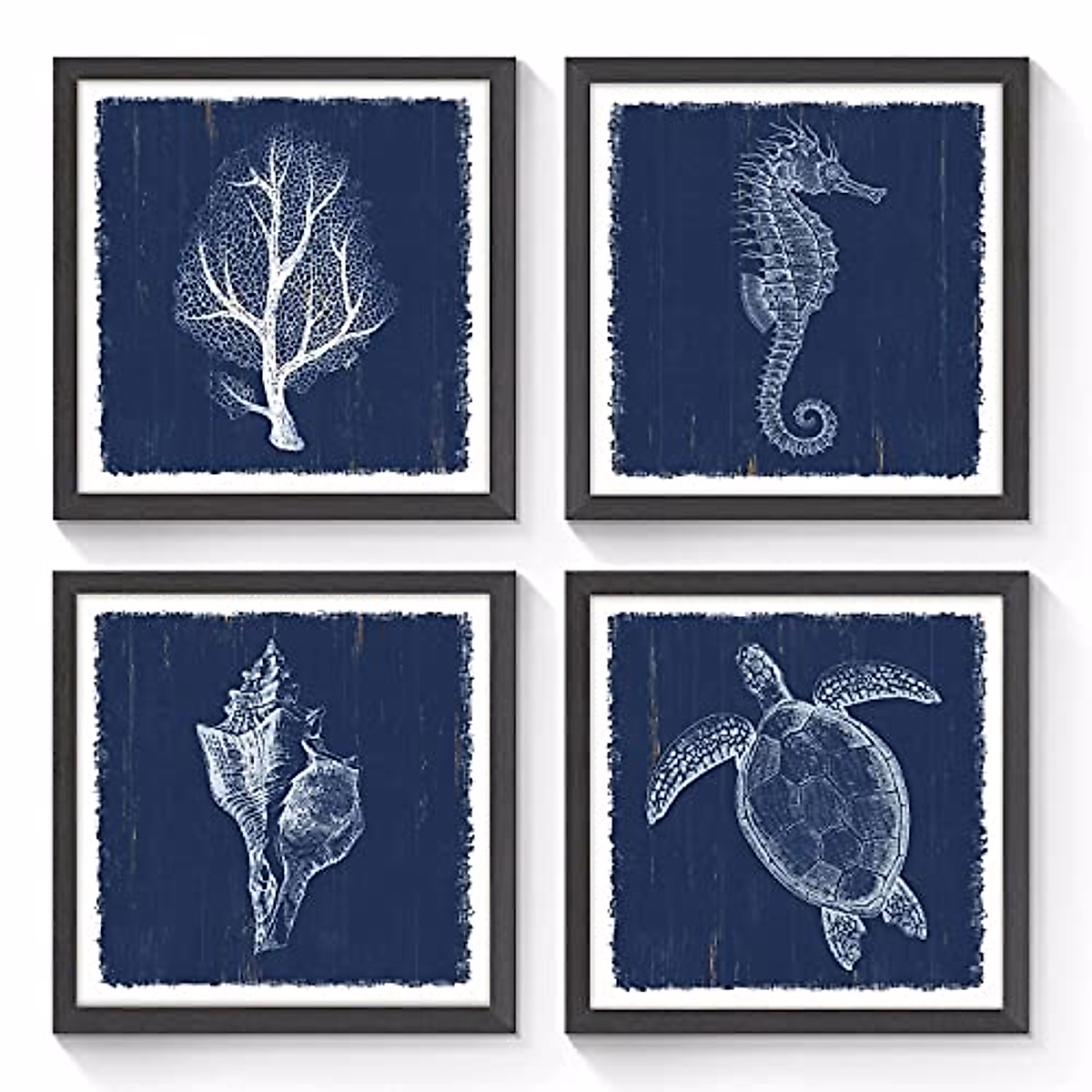 Sea life Art Framed Artwork: Coastal Pictures Ocean Theme Square Collection Set of 4 Wall Decor Set Prints for Bedroom (Multi-Style)