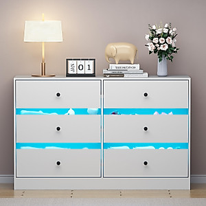 SDMY 6 Drawer Double Dresser, White Bedroom Dresser with LED Light, Baby Dresser for Nursery, Modern Wood Dresser Chest of Drawers for Living Room, Hallway