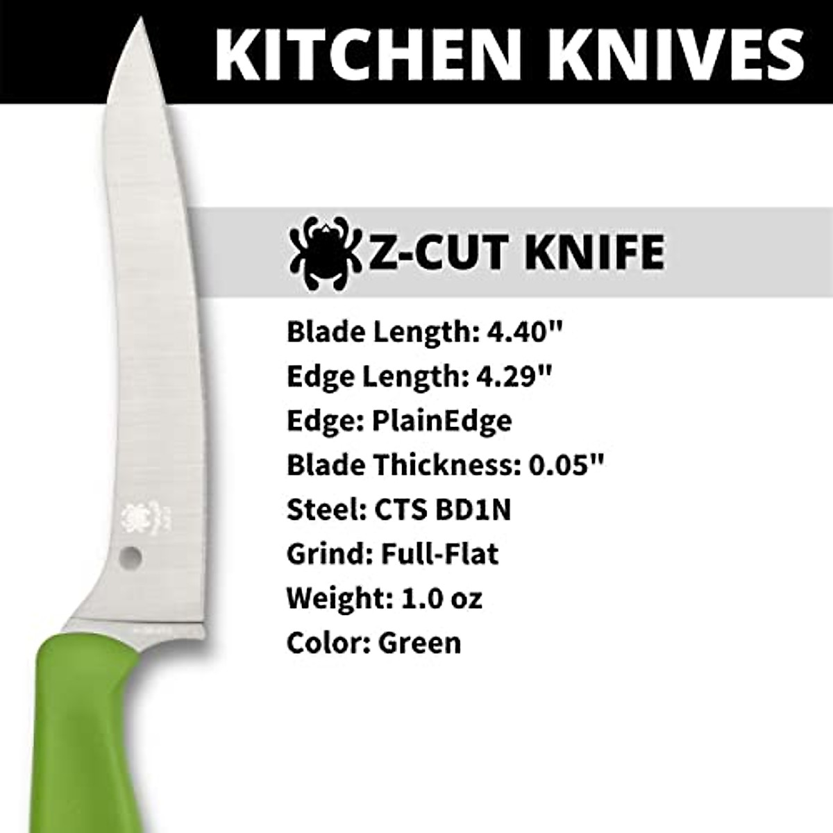 Spyderco Z-Cut Kitchen Knife with 4.4" Pointed Tip CTS BD1N Stainless Steel Blade and Durable Green Polypropylene Handle - PlainEdge - K14PGN