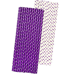 Purple and White Paper Straws - Polka Dot - 7.75 Inches - 50 Pack