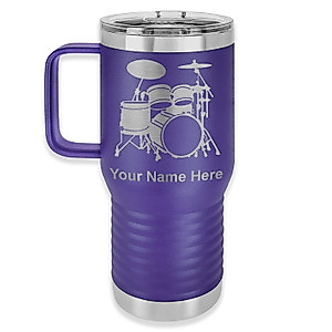 LaserGram 20oz Vacuum Insulated Travel Mug with Handle, Drum Set, Personalized Engraving Included (Dark Purple)