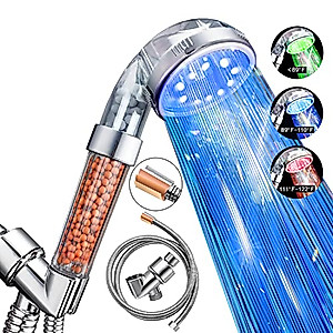 AmasSmile® LED Shower Head with Hose and Bracket - Color Changes with Water Temperature Filter Filtration High Pressure Water Saving Handheld Showerheads for Dry Skin & Hair