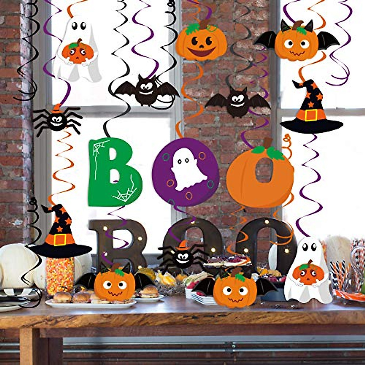 Ivenf Halloween Decorations Hanging Swirls 30ct, Cute Pumpkin Ghost Spider Bat Boo Party Decor, Ofiice Home Indoor Halloween Party Supplies Gifts